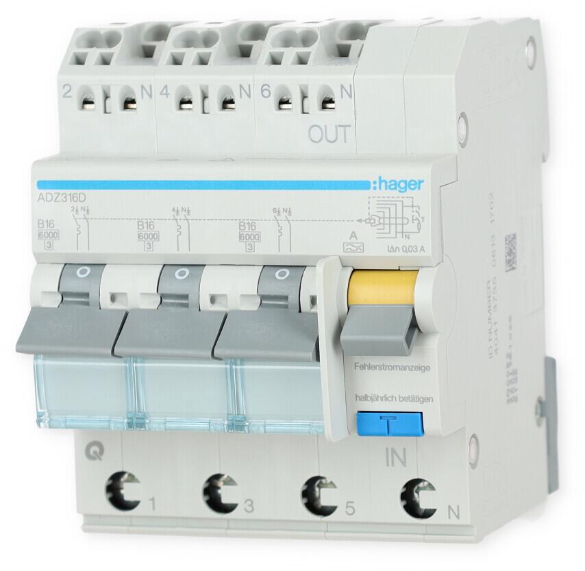 Hager ADZ316D Fehlerstrom-Leitungsschutzschalter, FI/LS-Schalter, 3X 1P+N 6kA B-16A 30mA Typ A ...