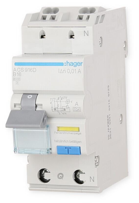 Hager ACS916D Fehlerstrom-Leitungsschutzschalter, FI/LS-Schalter, 1P+N 6kA B-16A 10mA Typ A ...