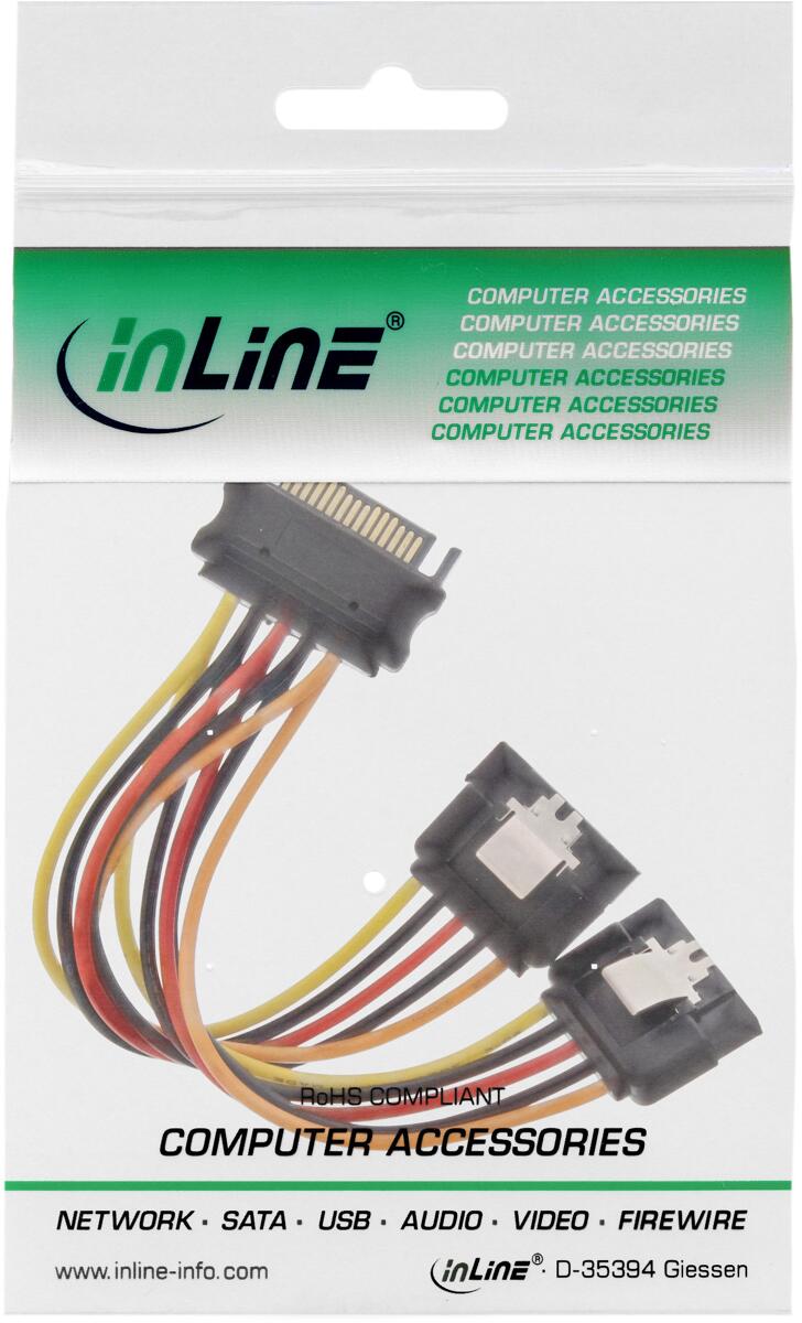 InLine SATA Strom-Y-Kabel, SATA Buchse an 2x SATA ST mit Lasche, 0,30m ...