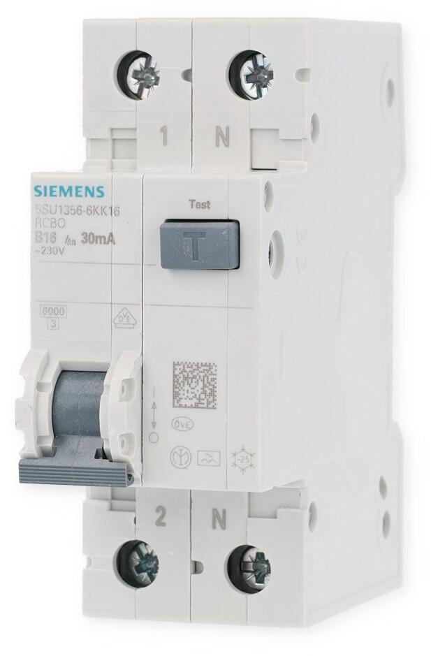 Siemens 5SU1356-6KK16 FI/LS-Schalter, 6 kA, 1P+N, Typ A, 30mA, B-Charakteristik, 16A, 230V ...
