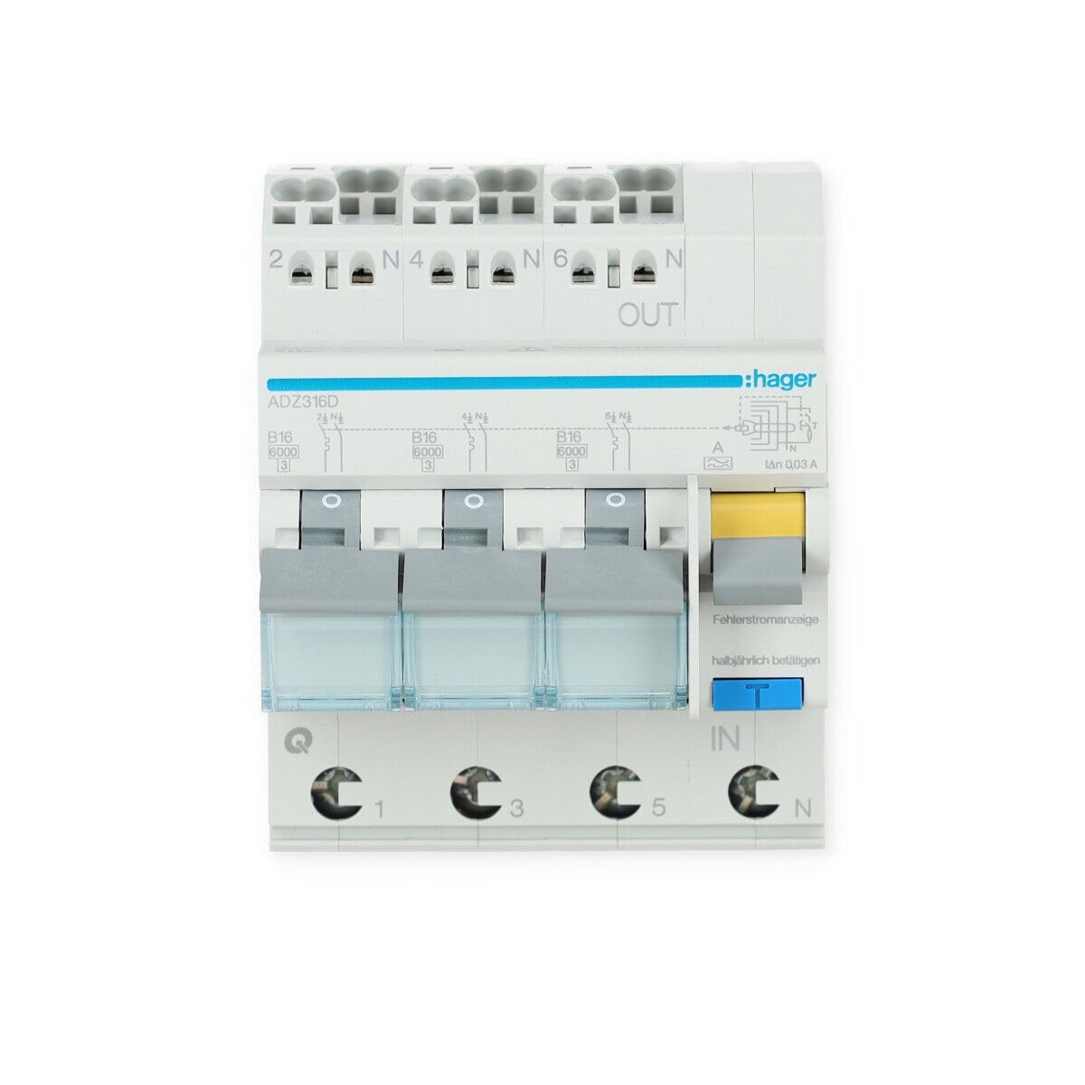 Hager ADZ316D Fehlerstrom-Leitungsschutzschalter, FI/LS-Schalter, 3X 1P+N 6kA B-16A 30mA Typ A ...