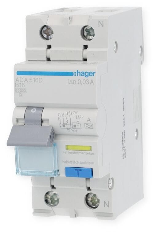 Hager ADA516D Fehlerstrom-Leitungsschutzschalter, FI/LS-Schalter, 1P+N 10kA B-16A 30mA Typ A ...